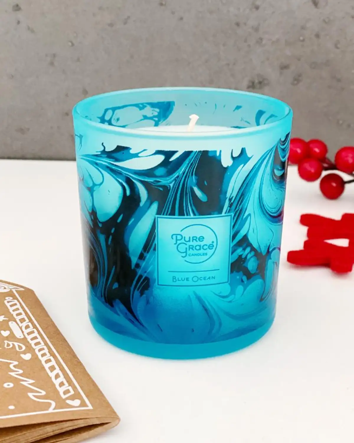 Pure Grace Mavi Mermer Görünümlü Okyanus Kokulu Bardak Mum - Bikutumutluluk