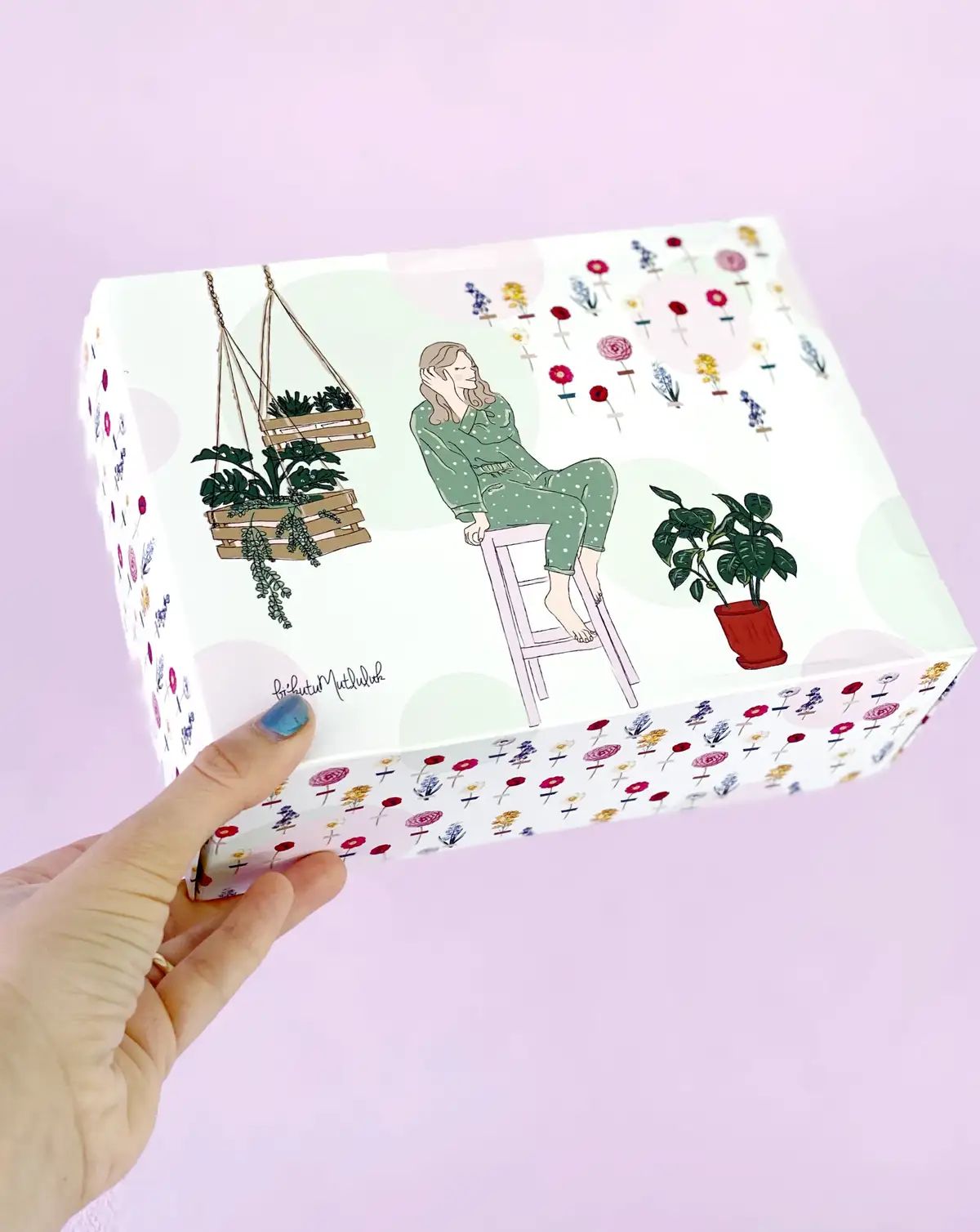 Kır Çiçekleri Çiçekli Kız Çizimli Yeşil Rengarenk Hediye Kutusu | Boş ...