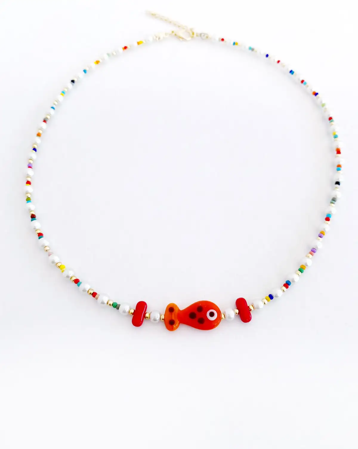 incili Turuncu Cam Balık Kolye